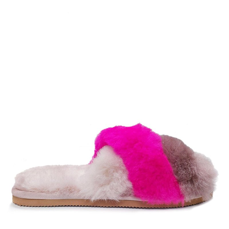 Calico Sheepskin Flufffy Slide | Open-Toe Sheepskin Slides